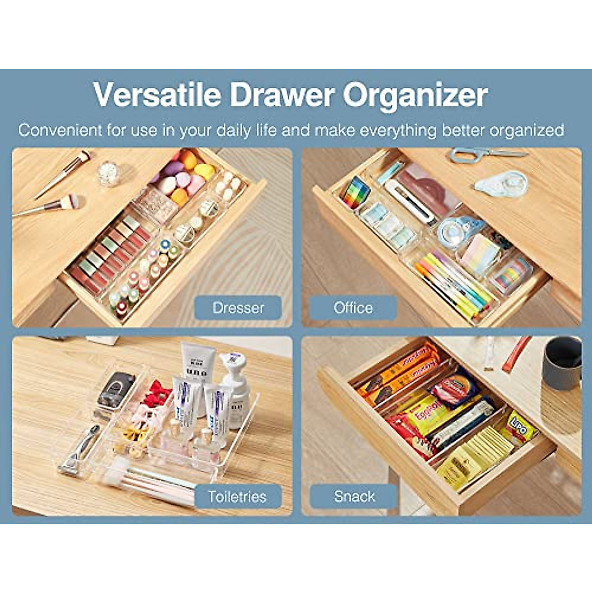 Puroma 25 PCS Drawer Organizer with Non-Slip Silicone Pads, 4-Size Versatile Vanity Drawer Storage Bins, Clear Plastic Drawer Organizer Trays, Customize Layout Organizer for Makeup and Bathroom Vanity