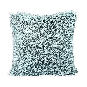 Amazon Basics Shaggy Long Fur Faux Fur Throw Pillow Covers, 18"x18", Pack of 2 - Teal Blue
