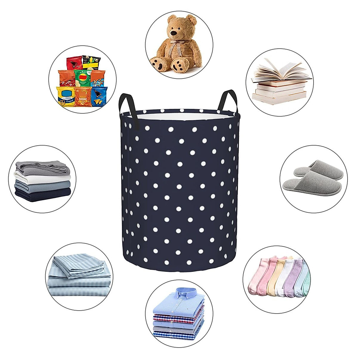 Large Laundry Hamper Bag, Collapsible Laundry Basket Navy Blue Polka Dot Dirty Clothes Storage Washing Bin for Bathroom, Dorm Essentials