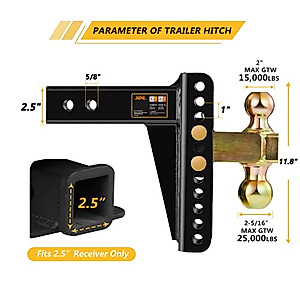 XPE Adjustable Trailer Hitch, Fits 2.5-Inch Receiver, 8-Inch Drop/Rise,2" & 2-5/16" Ball Hitches for Trucks, 22,000 LBS GTW - Receiver Hitch with Anti-Theft Pin, Solid Ball Mount, BLK,X-452508