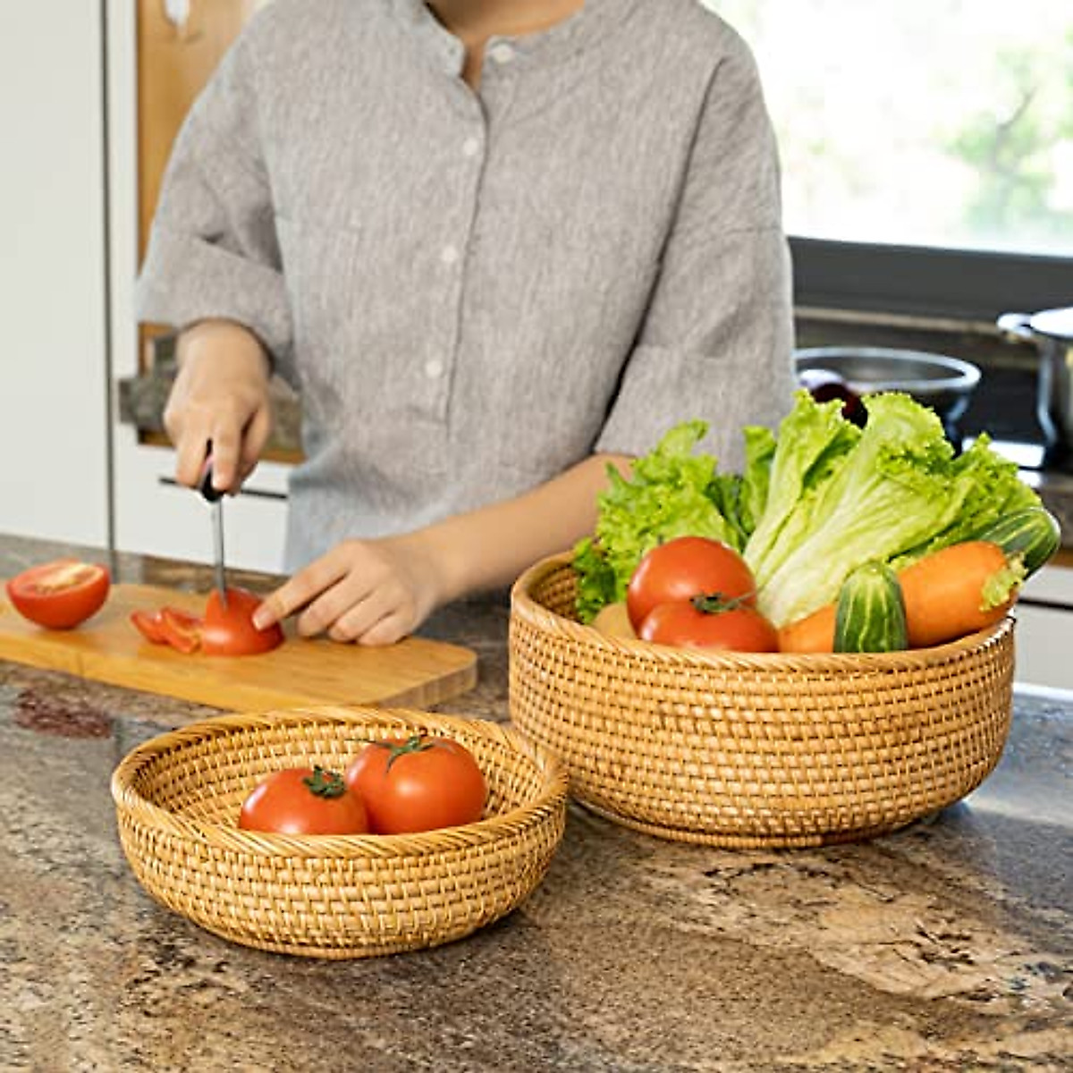 Rattan Basket for Storage Set 3 Small Bread Baskets for Serving Potatoes Onions Container Stackable Fruit Holder for Kitchen Countertop Organizing Bathroom