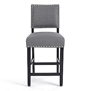 DAGONHIL 24 inch Bar Stools Set of 2, Counter Height Stools, Fabric Upholstered Barstools with Back and Wood Leg, Armless Dining Chairs with Silver Copper Nail for Kitchen Island Pub Living Room(Gray)