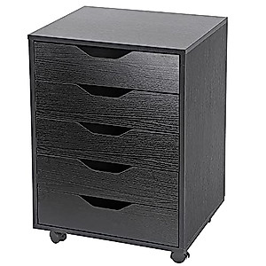 SUPER DEAL 5 Drawer File Cabinet for Home Office Apartment Wood Under Desk Filing Cabinet Mobile Printer Stand Rolling Storage Organizer with Lockable Casters, Black