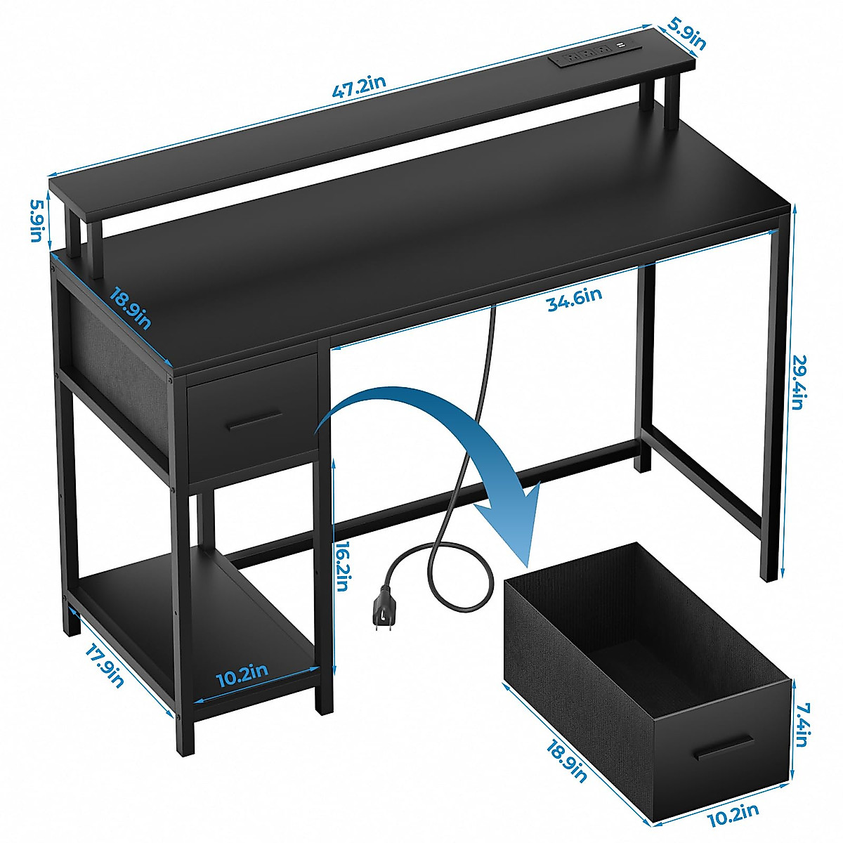 GreenForest Gaming Desk 47 Inch with LED Lights and Monitor Stand, Computer Desk with Drawer for Small Spaces, Office Desk with Power Outlets and Shelf, Black