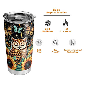 20oz Owlaholic Sunflower Owl Tumbler, Gifts for Owl Lovers, Coffee Thermos for Women, Stainless Steel Double Wall Vacuum Insulated Coffee Mug, Travel Cup with Lid