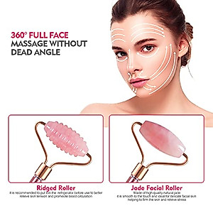 5 in 1 Facial Jade Roller Massager Set-Natural Jade Ridge Roller, Facial Jade Roller, Eye Roller, Body Roller and Silicone Brush. Rose Quartz Massager for Face, Eye, Chin, Body, Neck
