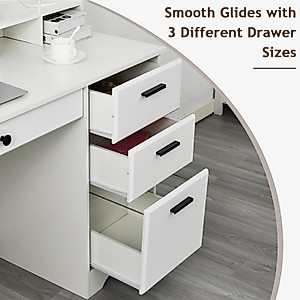 MaverickFurni White Executive Desk with Drawers, 58 Inch White Desk with Storage, Wood Computer Desk with 6 Drawers, Study Desk for Bedroom, Business Furniture Desk with File Cabinet