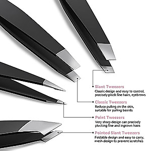 FACEMADE 4 Pack Tweezers Set - Professional Stainless Steel for Men and Women, Precision Eyebrow Facial Hair, Chin, Ingrown Hair Removal (Black) (T4)