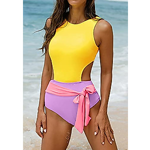 popvil One Piece Bathing Suit for Women High Waisted Cutout Swimsuit Scoop Neck Swimwear