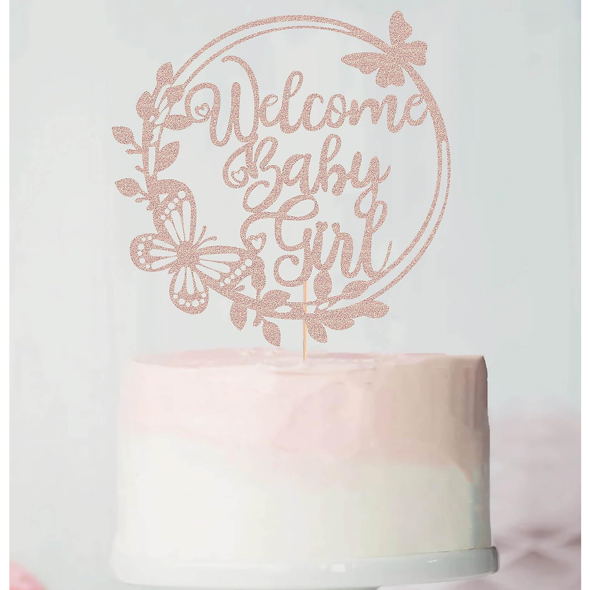 AHAORAY Welcome Baby Girl Cake Topper - Rose Gold Glitter Baby Shower Cake Decorations for Girl, Baby Girl Cake Topper, for Baby Shower/Baby Birthday Party/Baby Gender Reveal Party Photo Booth Props