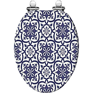 Elongated Toilet Seat Mexican tile pattern seamless floral vintage ornaments Portuguese Resin Toilet Seat Quietly Slow Close with Quick-Release Hinges Toilet Seat with Cover Easy to Clean Install