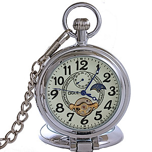 OGLE Waterproof Silver Magnifier Tourbillon Phases Moon Chain Fob Self Winding Automatic Skeleton Half Hunters Mechanical Pocket Watch (Silver Luminous)