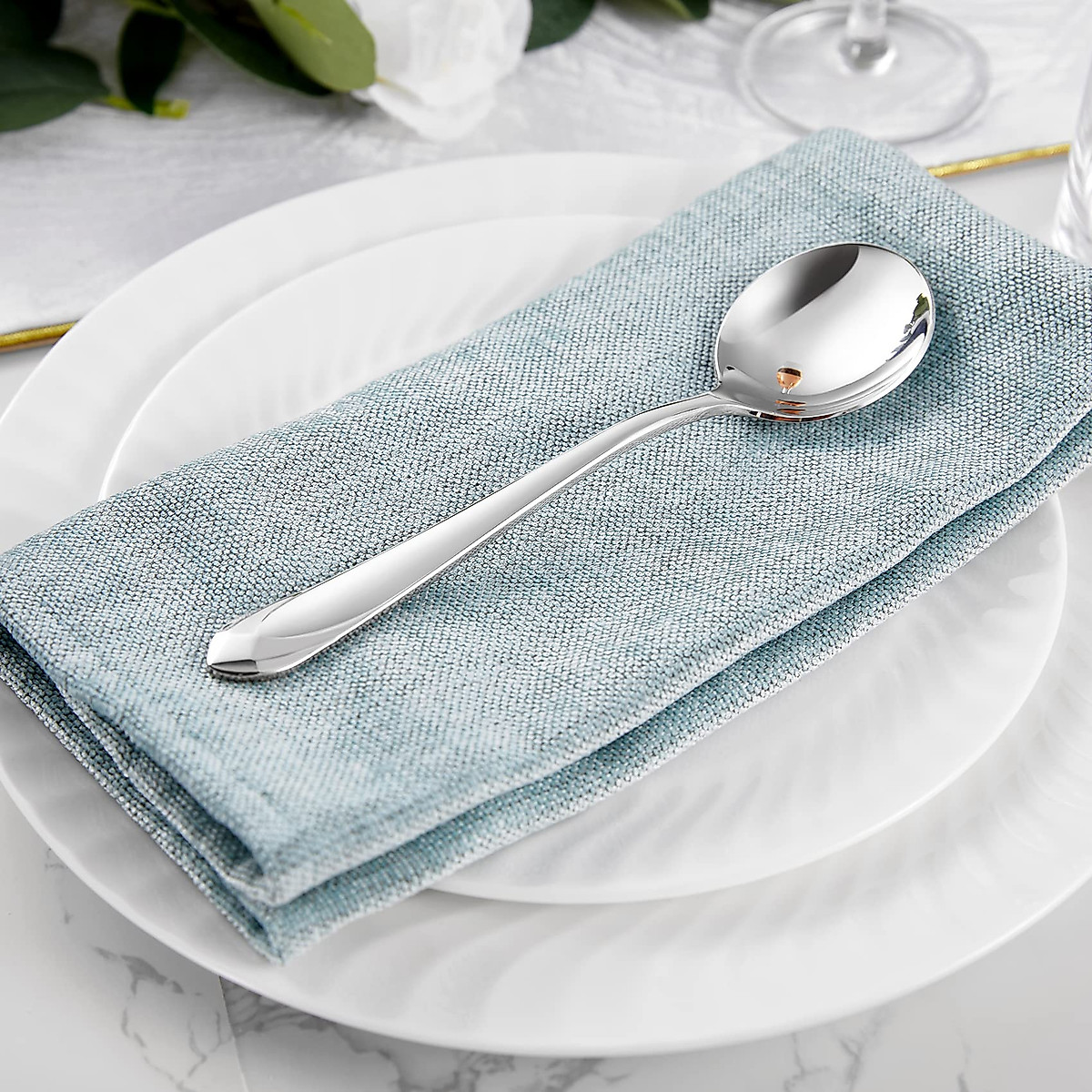 KEAWELL Premium Elena Spoon, 4-Piece Spoon Set, 18/10 Stainless Steel, Mirror Polished, Dishwasher Safe (7.5" Soup Spoon)