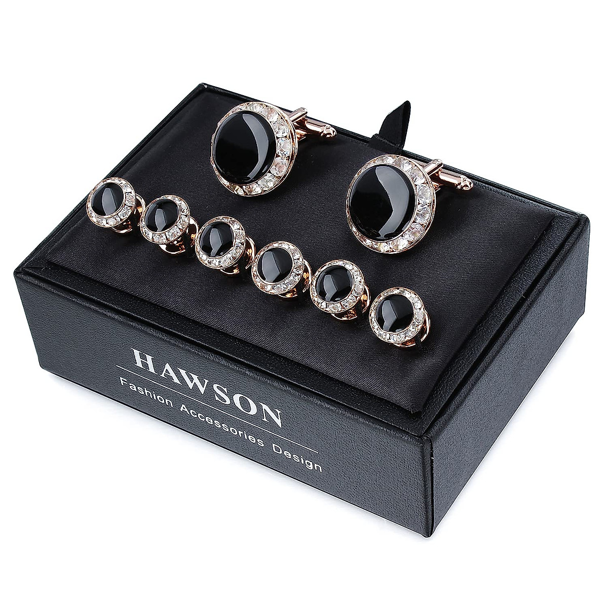 HAWSON Crystal Cuff Links and Studs Set for Mens Tuxedo Shirts Wedding Accessories
