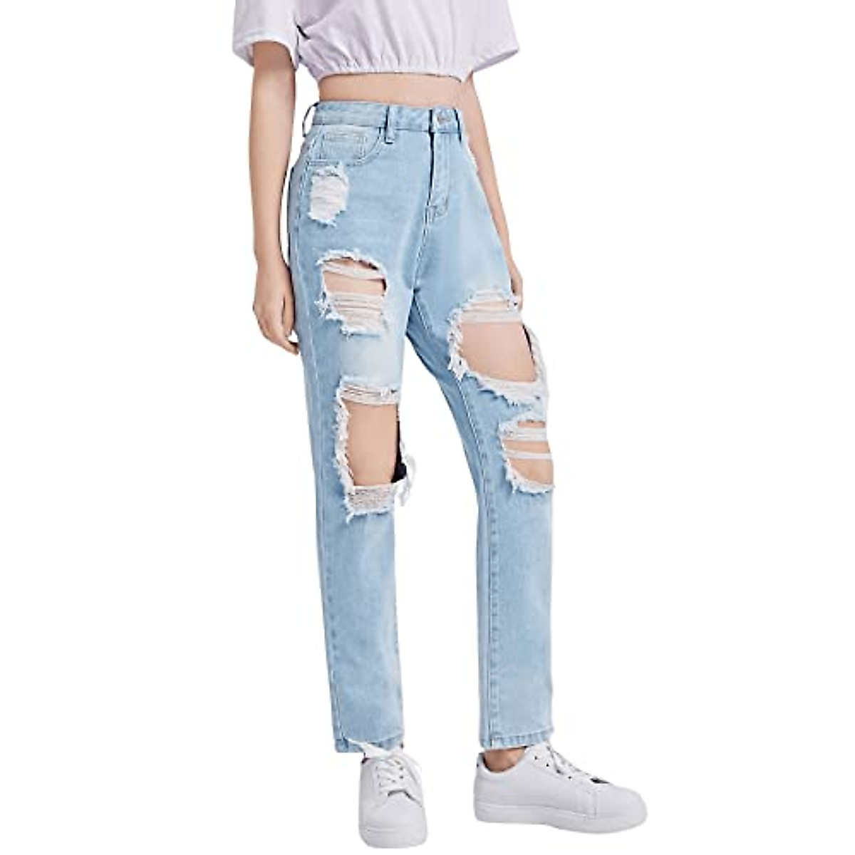 SweatyRocks Teen Girl's High Waisted Straight Leg Ripped Jeans Washed Denim Pants with Pockets Light Wash 12-13Y