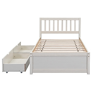 Harper & Bright Designs Twin Bed Frame with Storage Drawers,Wood Twin Beds with Drawers Underneath, Kids Twin Platform Bed with Headboard, No Box Spring Needed,White Washed