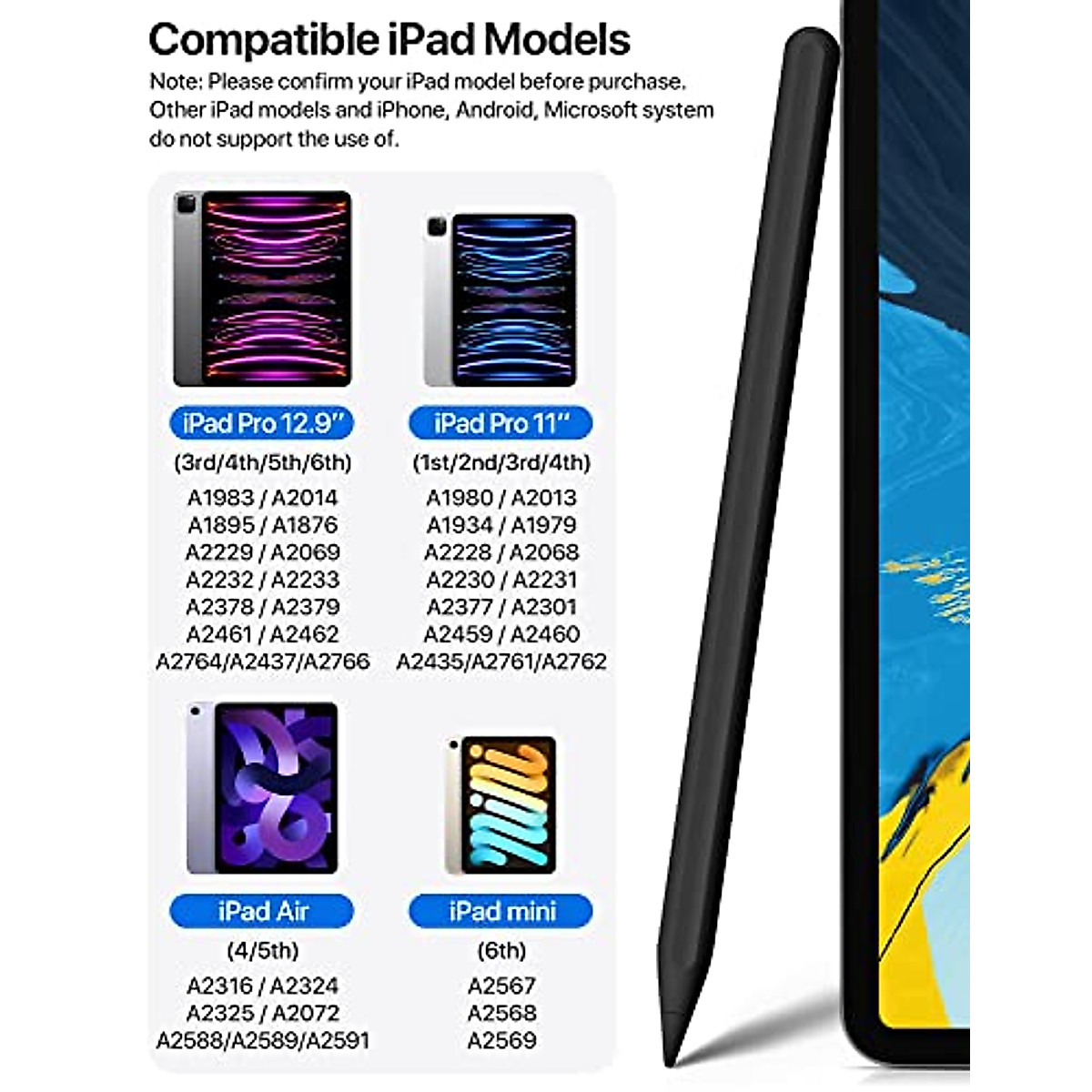 iPad Pencil 2nd Generation with Magnetic Wireless Charging, Same as Apple Pencil 2nd Gen ,Stylus Pen Compatible with iPad Pro 11 in 1/2/3/4, iPad Pro 12.9 in 3/4/5/6, iPad Air 4/5, iPad Mini 6-Black