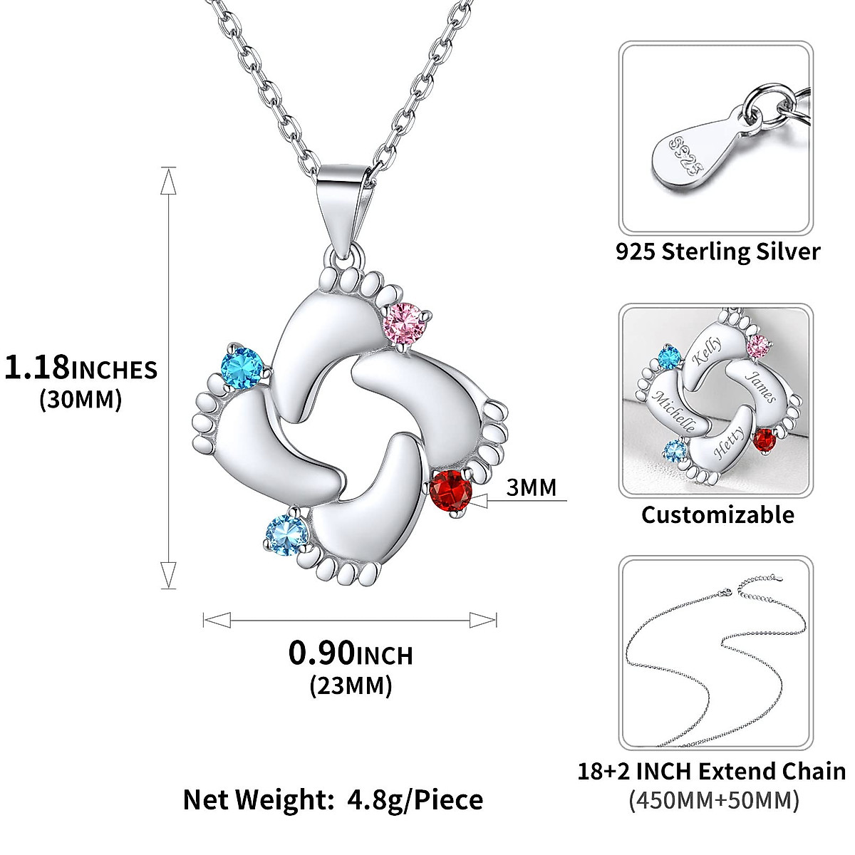 ChicSilver Sterling Silver Custom Feet Pendant Necklace for Women Personalized Mothers Necklace with 4 Simulated Birthstones 4 Names Engraved Mother Day Jewelry Gift for Mom Grandma