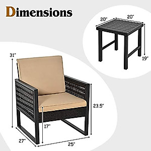 RELAX4LIFE 3-Piece Patio Furniture Set - Wicker Rattan Sofa Set, Bistro Set with Coffee Table, Seat & Back Cushions, Outdoor Conversation Set for Garden, Backyard, Poolside