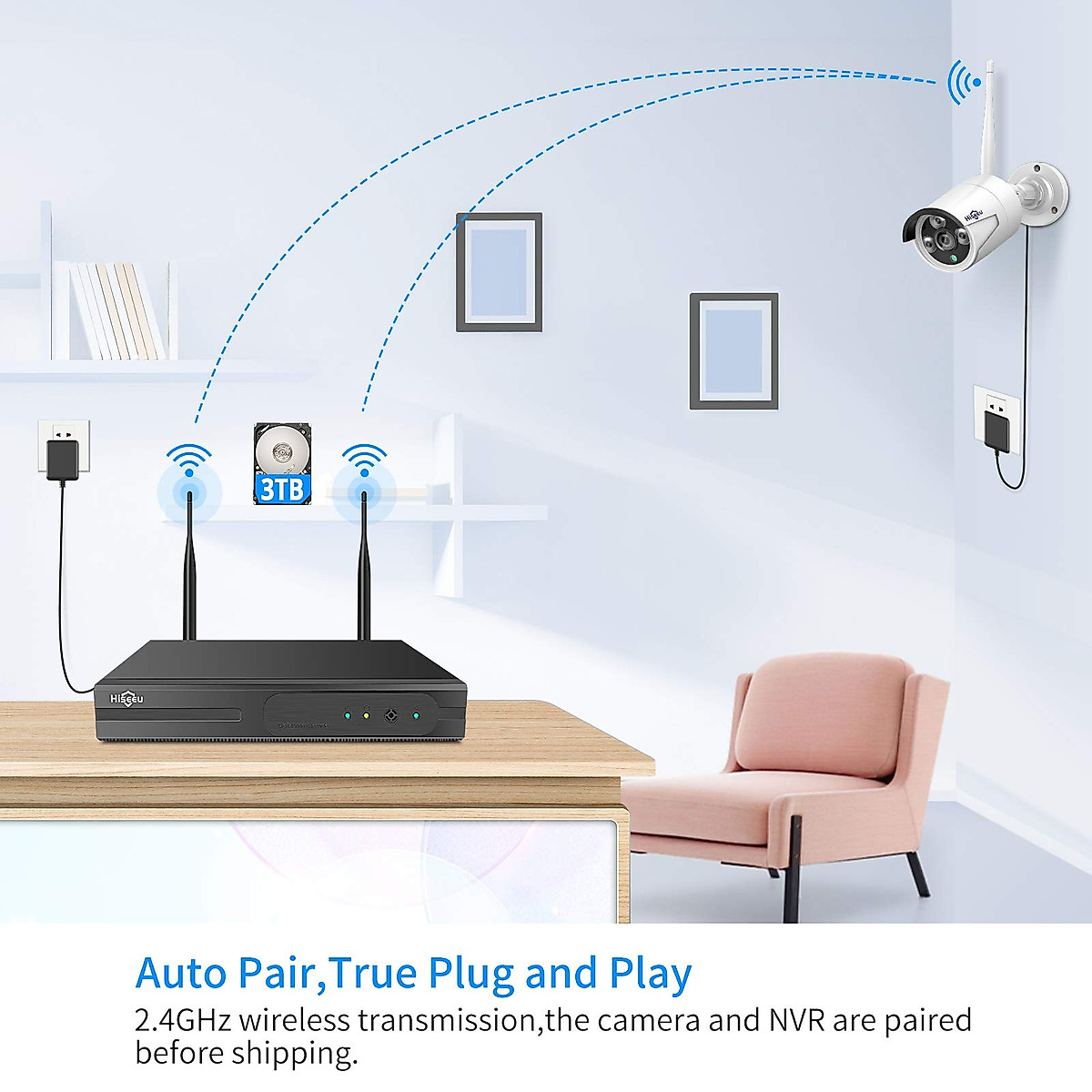 Hiseeu 2K Wireless Security Camera System, 10CH NVR Kit,8Pcs 3MP WiFi Surveillance Cameras for Home Indoor/Outdoor Use,Night Vision,Waterproof, Motion Detection, 3TB Hard Drive and DC Power Included