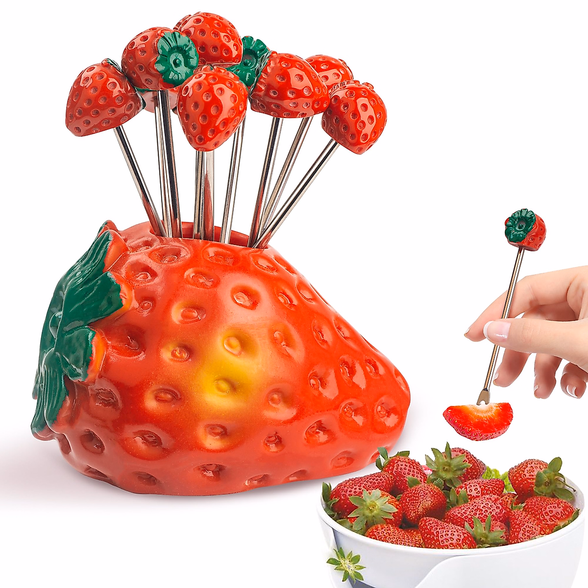 Set of 10 Strawberry Stainless Steel Fruit forks and 1 Strawberry Holder, Fruit Forks Dessert Forks Salad Forks Food Picks