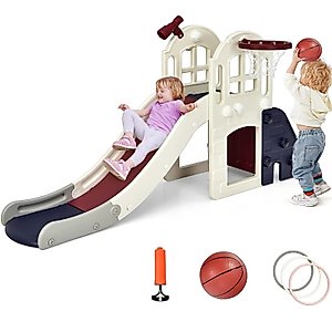 BABY JOY Toddler Large Slide, 6 in 1 Slide for Kids with Basketball Hoop, Ring Toss, 2 in 1 Convertible Climbing Way, Freestanding Kids Slide Climber Set for Indoors Outdoor Boys Girls Gifts Present
