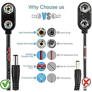 Chanzon UL Wires 9v Battery Connector Plug Arduino Battery Power Leather Clip with Center Positive 2.1mm x 5.5mm Male 5 Pack Jack T-Type for Arduino LED Strip