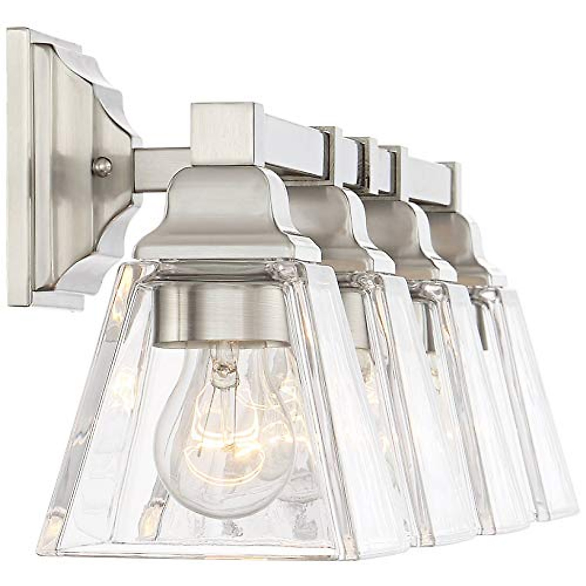 Regency Hill Mencino Mid Century Modern Wall Light Satin Nickel Silver Metal Hardwired 28" Wide 4-Light Fixture Clear Glass Cone Shade for Bathroom Vanity Mirror House Home Room Decor