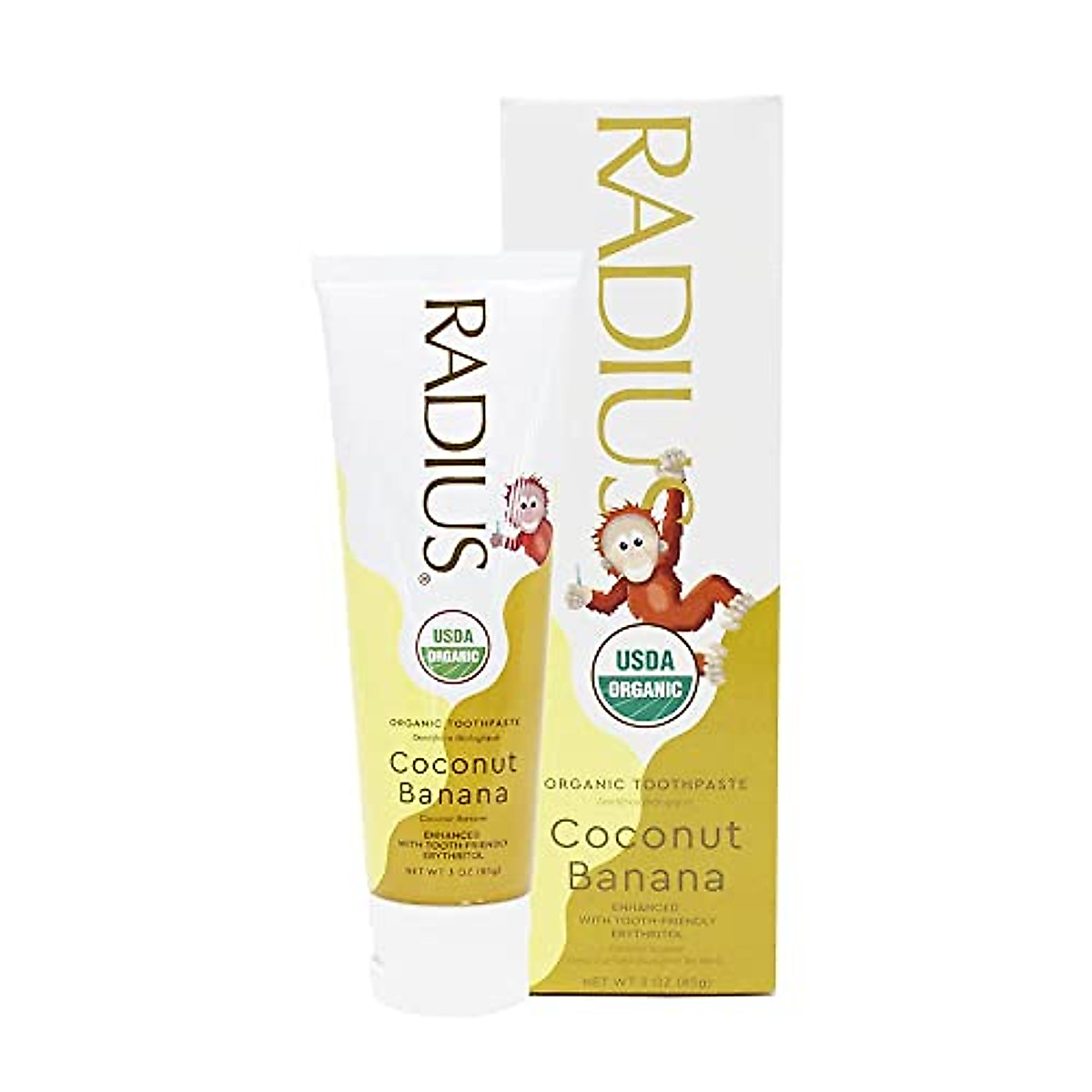 RADIUS USDA Organic Kids Toothpaste 3oz Non Toxic Chemical-Free Gluten-Free Designed to Improve Gum Health for Children's 6 Months and Up - Coconut Banana - Pack of 2