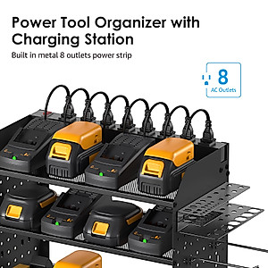 CCCEI Modular Pegboard Rack Power Tool Organizer with Charging Station. 4 Layer Wall Mount Drill Holder, Mechanic Tool Battery Charger Organizer. Garage Shop Storage Utility Shelf with Power Strip.