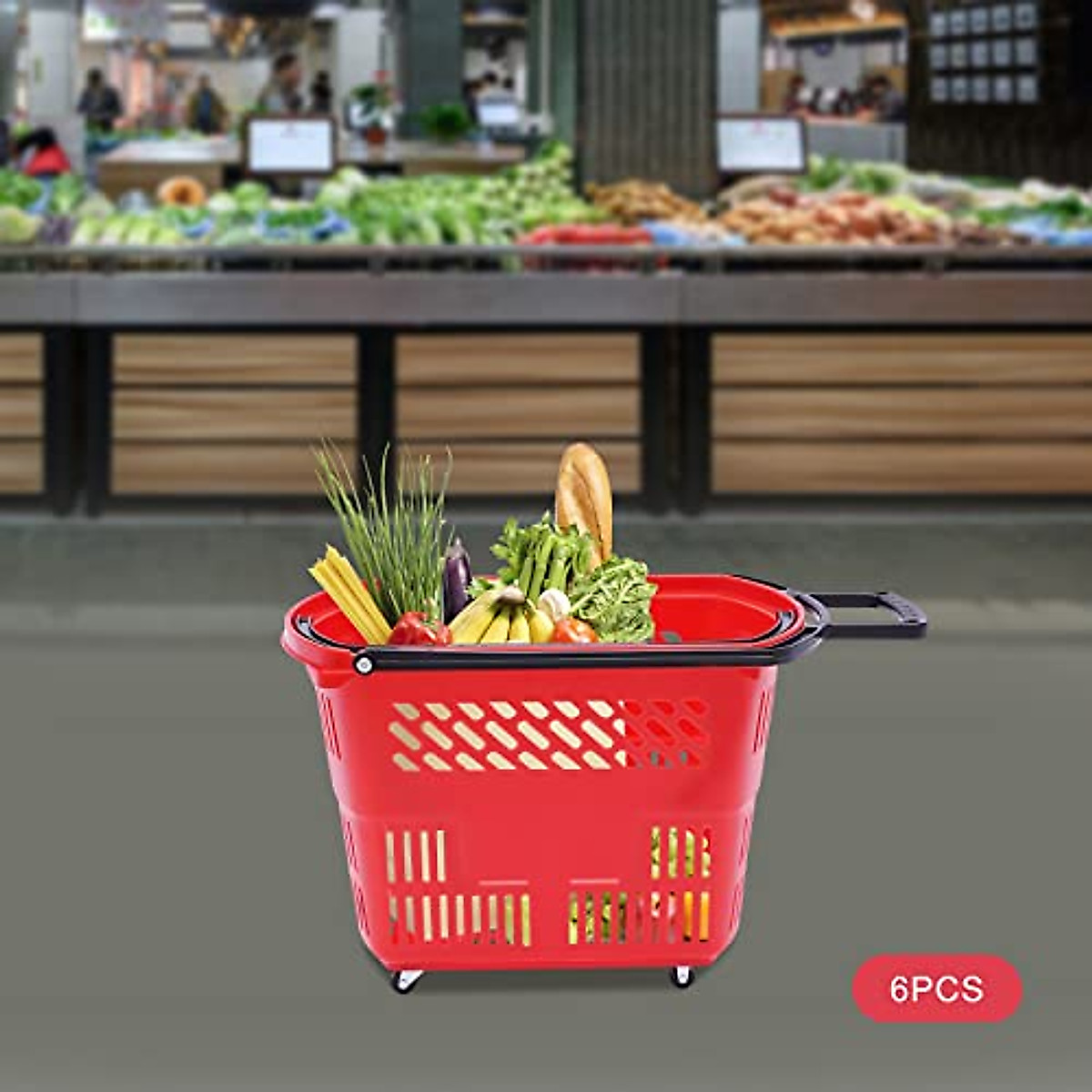 Bacacoo Plastic Shopping Carts, 6 Trolley Rolling Shopping Baskets, 35l Shopping Trolley With Handles, Portable Shopping Basket Set In Supermarkets And Retail Stores (Red)