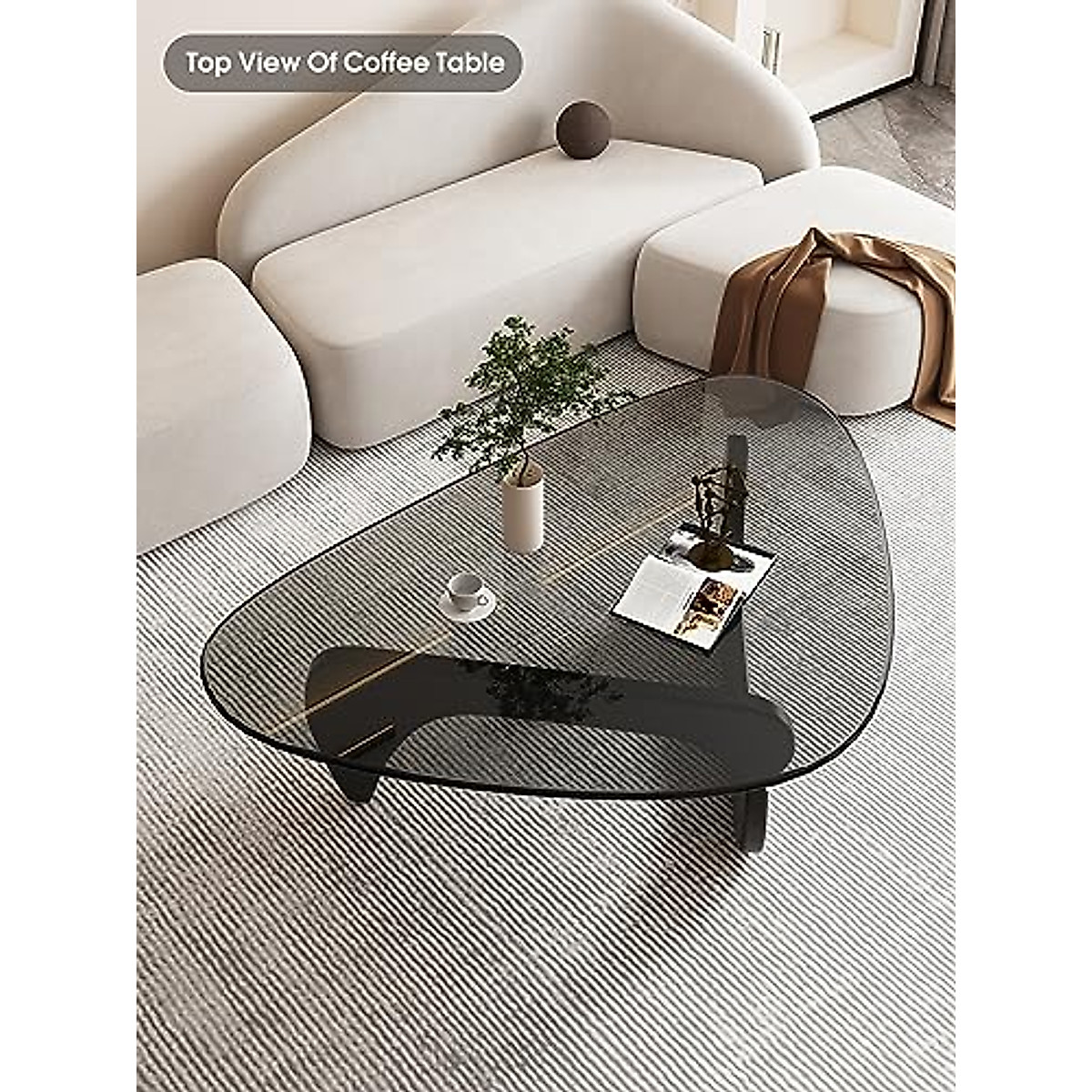 Mid-Century Modern End Table with Solid Wood Base Triangle Glass Coffee Table Vintage Tempered Glass Center Table for Living Room Balcony Accent Table Raw Wood/Transparent Medium 35.8 * 25.5 * 16in