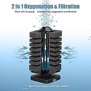 AQQA Aquarium Filter, Submersible Sponge Filter with Filtration and Aeration 2 in 1 Ultra Quiet Fish Tank Filters for 5-30 Gallon Shrimp Betta Fish Tank with 1pcs Replacement Sponge