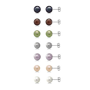 Gem Stone King A Set Of 7 Pairs Of 7mm Cultured Freshwater Pearl Stud Earrings Set In 925 Sterling Silver