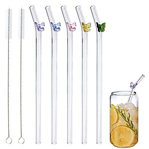5 Pcs Reusable Glass Straws,Colorful Butterfly on Clear Straws With Design 7.9in X 8mm Shatter Resistant Bent Drinking Straws with 2 Cleaning Brushes for Shakes,Juices,Smoothies, Cocktails