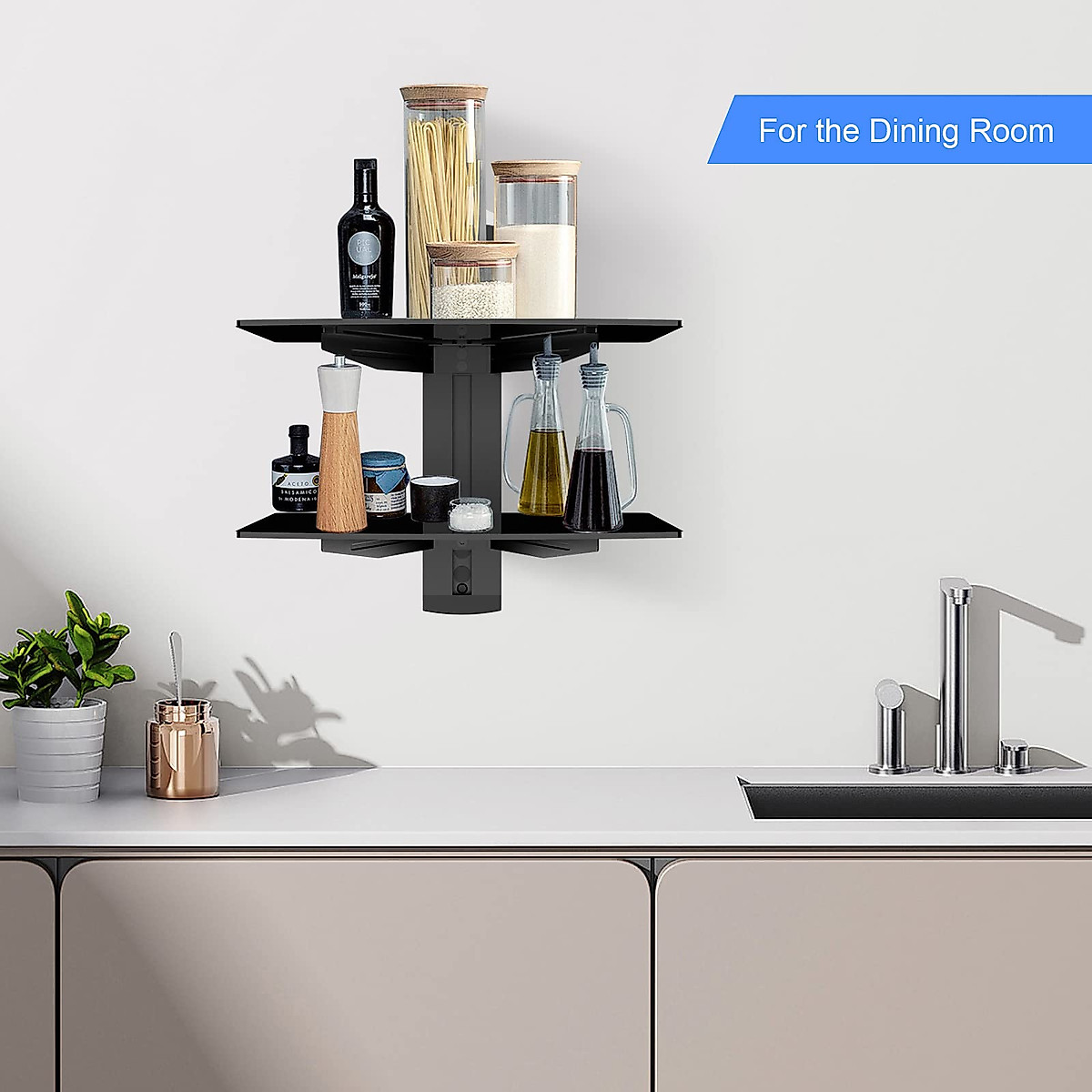 suptek Glass Floating Shelves, TV Wall Mount with Shelf for DVD Player / PS4 / Cable Boxes/Game Consoles/Sky Box/TV Accessories, Media Shelf, Flat Black Wall Mount Bracket, AV Shelf, 2 Tiers Shelves