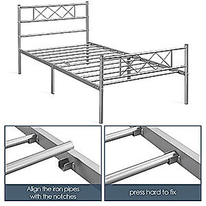 Topeakmart Wrought Iron Twin Bed Frame,Metal Silver Platform with Headboard and Footboard,Mattress Foundation,No Box Spring Needed,Strong Slat Support