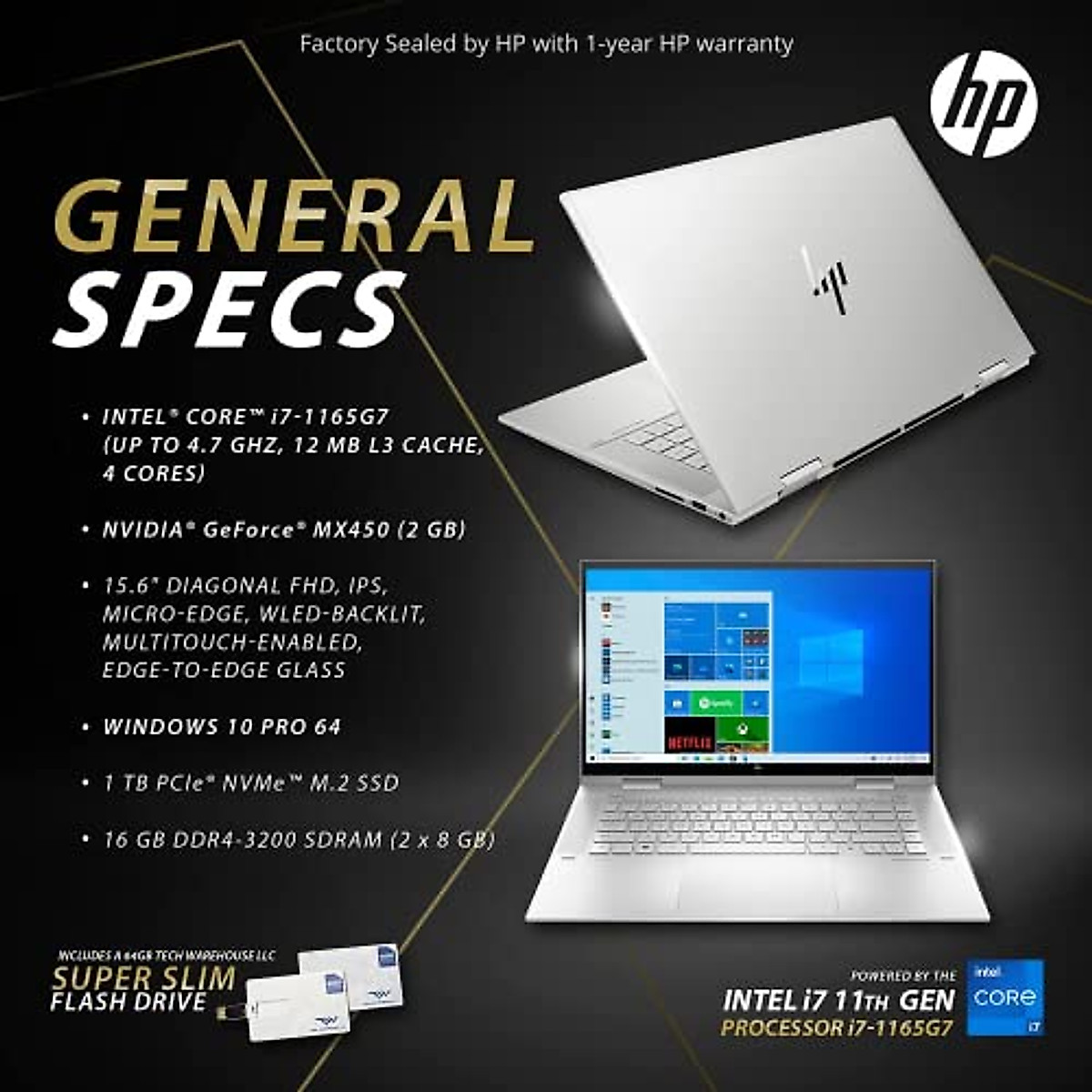 HP Envy 15T x360 Laptop i7-1165G7 11th Gen, 16 GB RAM, 1 TB SSD, 15.6" FHD Touch, Nvidia MX450 2GB, Tilt Pen, B&O Speakers, USB C, HDMI, Win 11 Pro, Silver, 64 GB Tech Warehouse Flash Drive