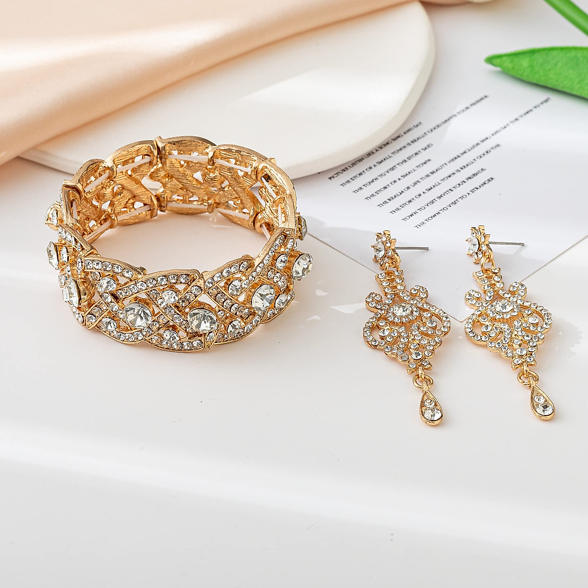 Paxuan Womens White Clear Rhinestone Crystal Wedding Bridal Bridesmaid Bracelet Jewelry Link Tennis Bracelet (Gold - Bracelet + Earrings)