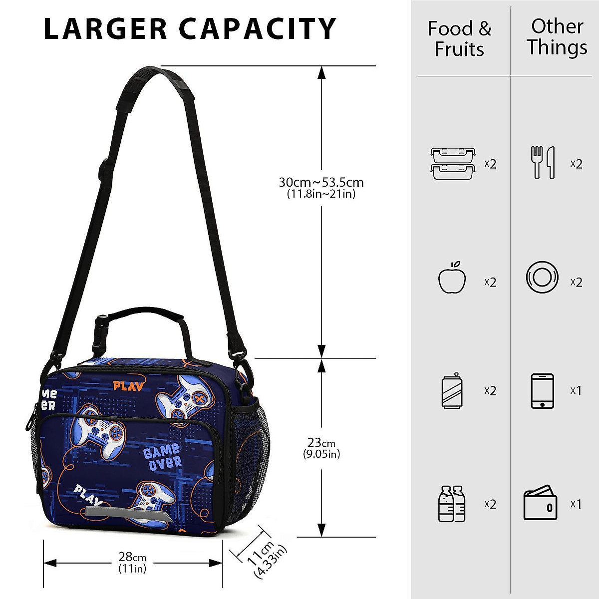 VIGTRO Joystick Gamepads Pattern Lunch Bag, Insulated Leakproof Lunch Box with Adjustable Shoulder Strap, Game Controller Reusable Cooler Tote Bag for Work,Office,Picnic,Travel