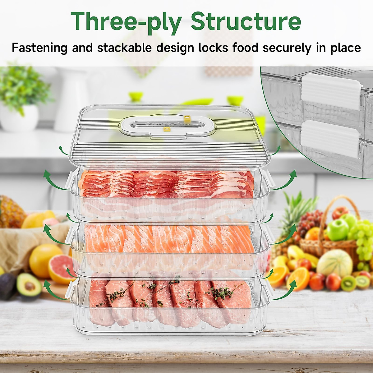 Deli Meat Container for Fridge, Bacon Lunch Meat Container for Refrigerator, Three-ply Cold Cuts Storage Containers for Fridge, Food Storage Boxes with Lids, Meal Prep Containers for Cheese, Fruit