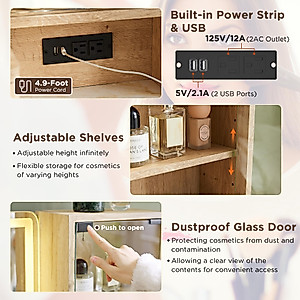 T4TREAM 48" Fluted Makeup Vanity Desk with Large 36" Mirror and Lights, Modern Glass Top Big Vanity Table with 5 Drawers & Adjustable Shelves, Dressing Table Set w/Charging Station for Bedroom, Oak