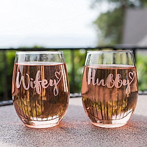 Hubby and Wifey Wine Glasses - Mr and Mrs Wedding Gifts - Engagement Anniversary Gift Couple 20oz