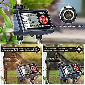 DEWENWILS Sprinkler Timer 2 Zone, Water Hose Garden Irrigation Timer with 4 Programmable Procedure and Low Battery Warning, Repeat Watering over Period, Faucet Controller with Rain Delay Mode for Lawn