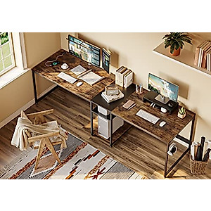 Bestier Industrial L Shaped Desk with Shelves 94.5 Inch Reversible Corner Computer Desk or 2 Person Long Table Office Writing Study Workstation with Monitor Stand and Headphone Hook, Rustic Brown