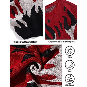 ZAFUL Men's Long-Sleeve Flame Graphic Y2K Aesthetic Crewneck Sweater Oversized Knit Jumper Pullover Wine Red XL