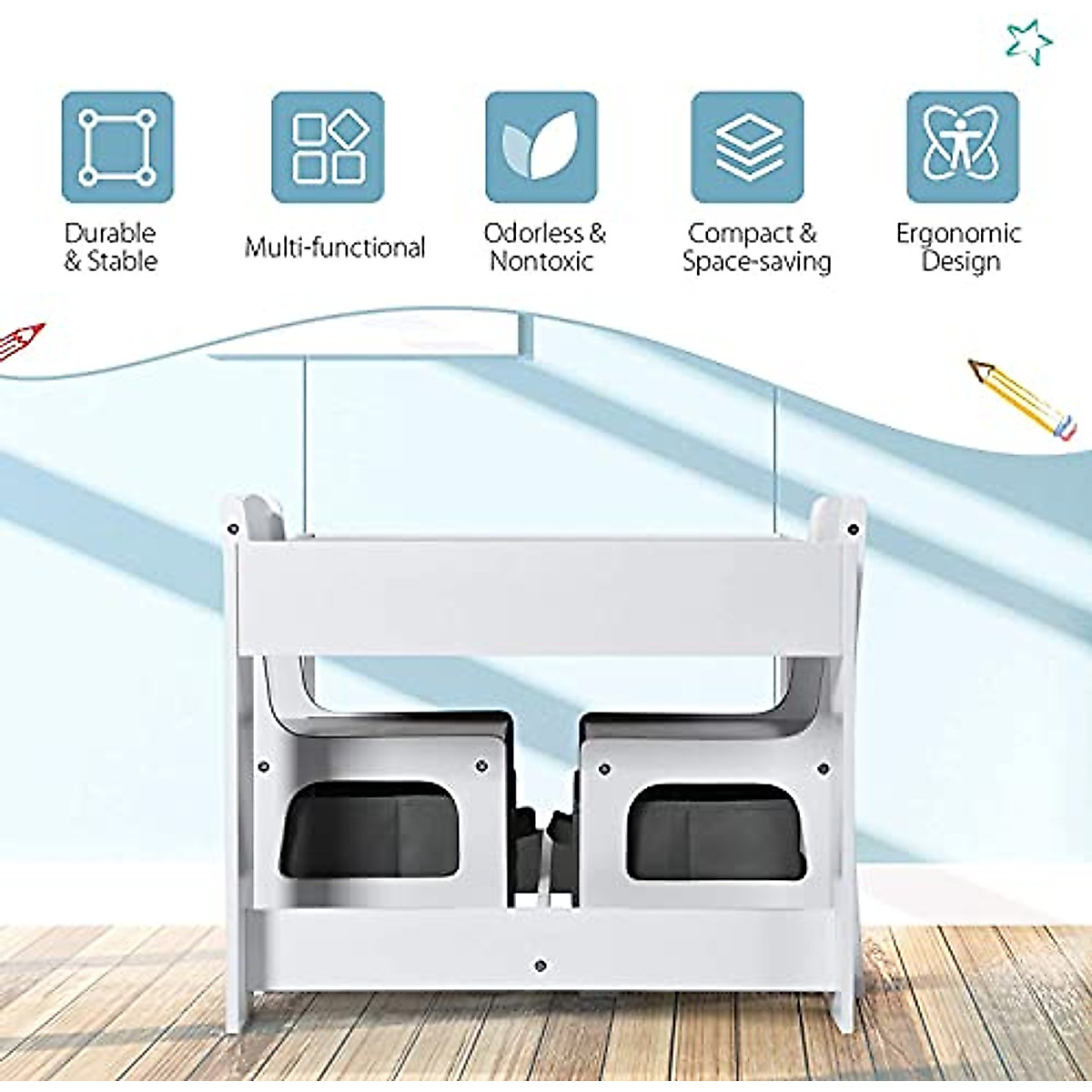 MAT Expert Kids Table & Chair Set, 3 in 1 Children Activity Desk Sets with Storage Drawer, Detachable Blackboard, Multifunctional Toddlers Entertainment Set Ideal for Painting, Reading & Writing