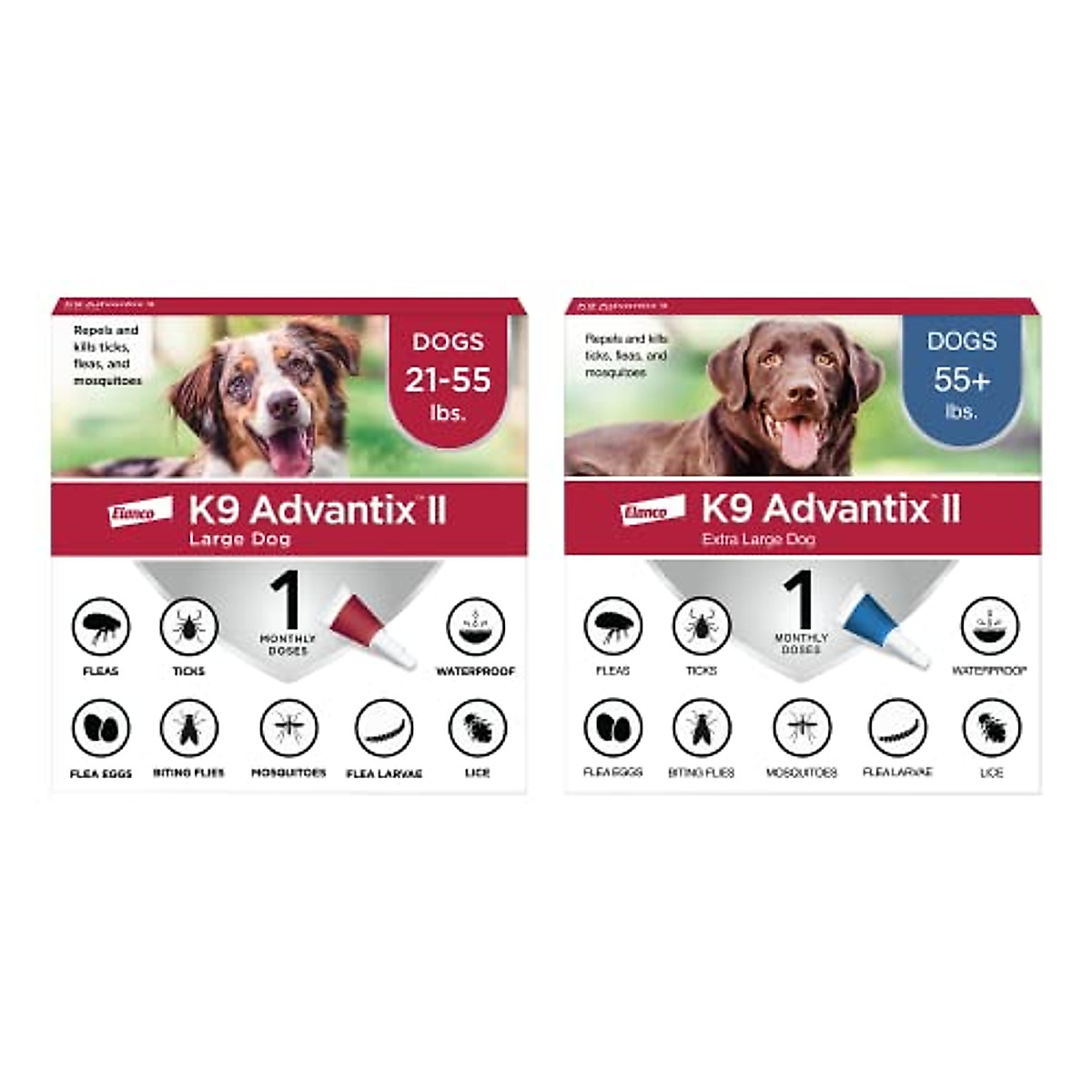 K9 Advantix II XL Dog Over 55 lbs & K9 Advantix II Large Dog 21-55 lbs Vet-Recommended Flea, Tick & Mosquito Treatment & Prevention | 1-Mo Supply Each