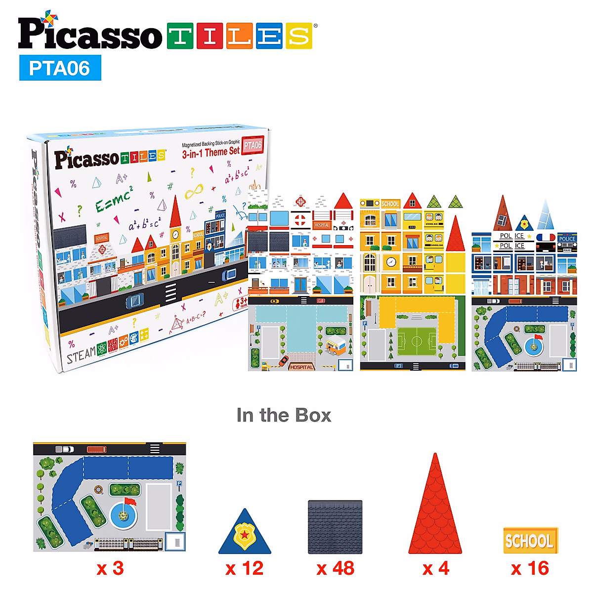 PicassoTiles 80pc School, Hospital, Police Station 3-in-1 Theme Magnet Self Adhesive Backing Stick-On Puzzle Graphic Kit and Overlay Maps for Magnetic Building Blocks STEM Learning Construction Toy