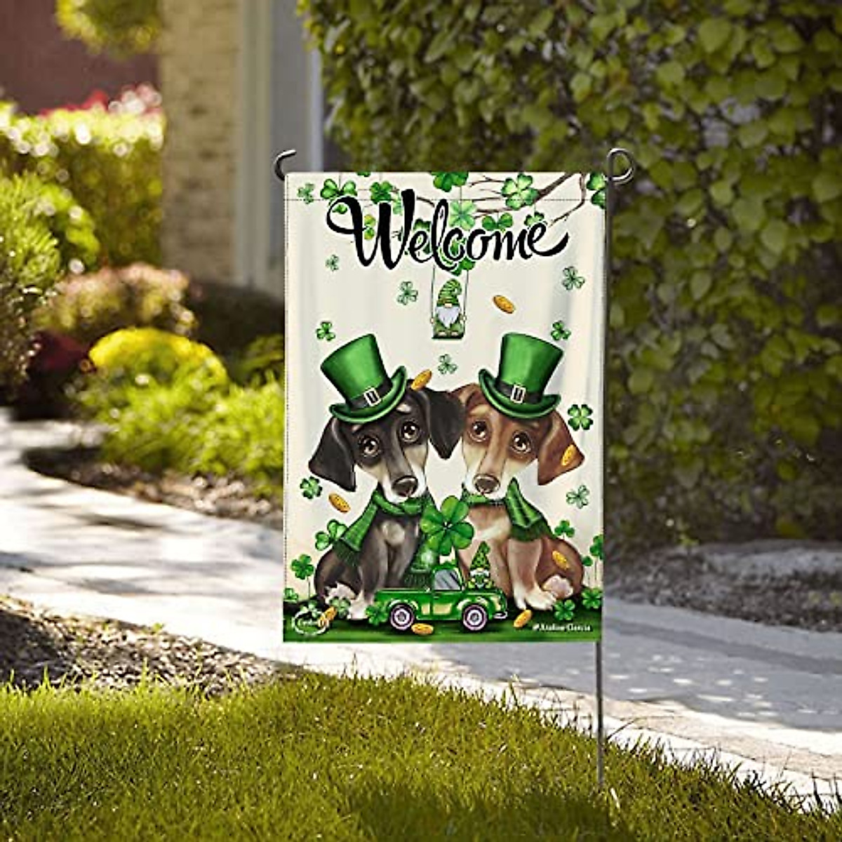 Welcome St. Patrick's Day Cute Dachshund Dog Puppy Lovers Luck Gnomes Green Garden Flag 12.5"x18" Double Sided Vertical Shamrock Clover Garden Flags For Outdoor Home Patio St. Patricks Yard Flag Decor